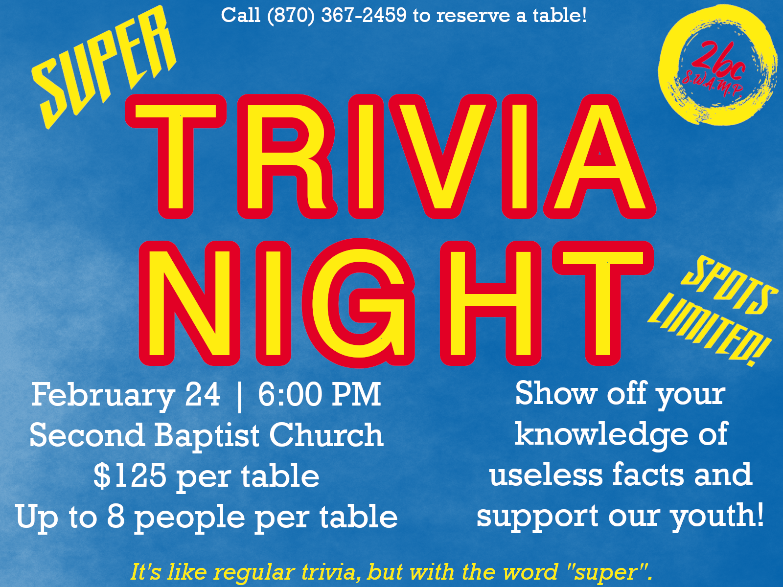 SWAMP Super Trivia Night Fundraiser Ad – Second Baptist Church